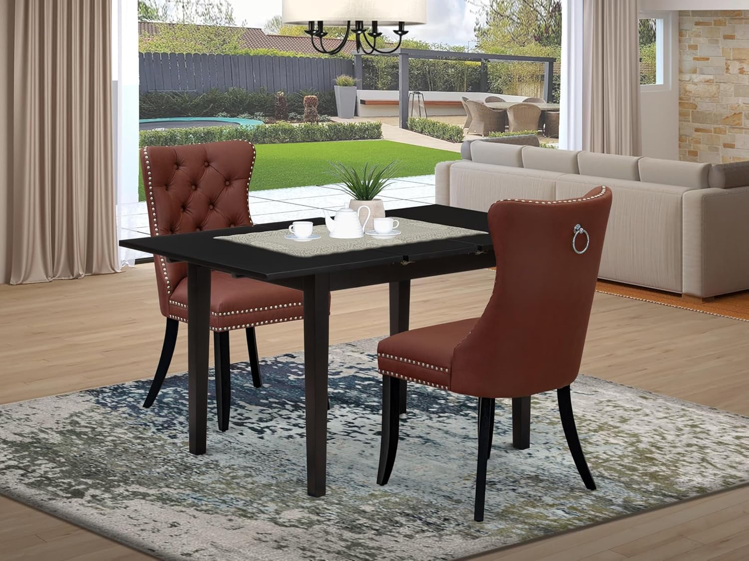 Mid Dining Set with Extendable Table and Burgundy Chairs, Black ...