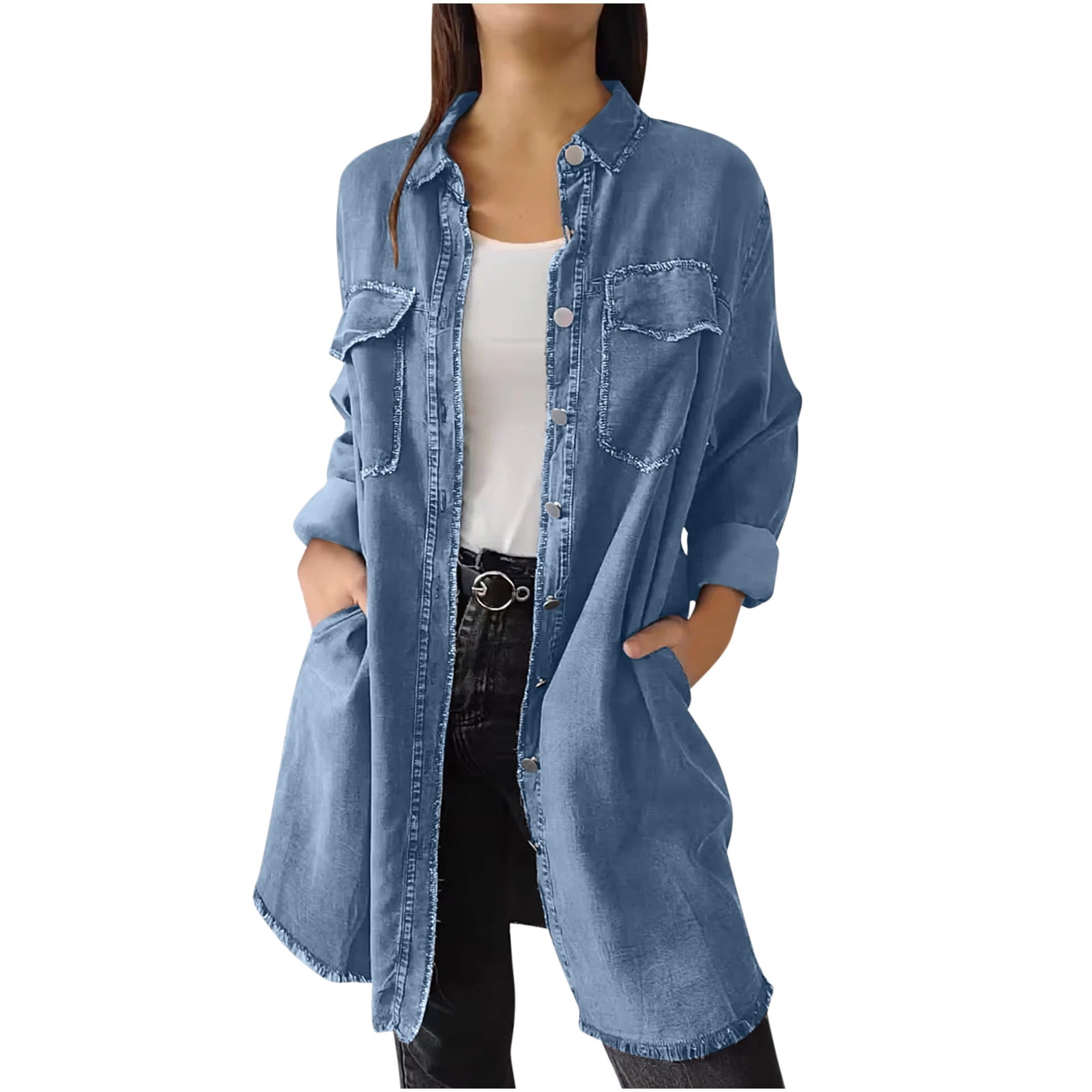 Mid Length Denim Jacket Womens Plus Size Jean Shirts Loose Long Sleeve ...