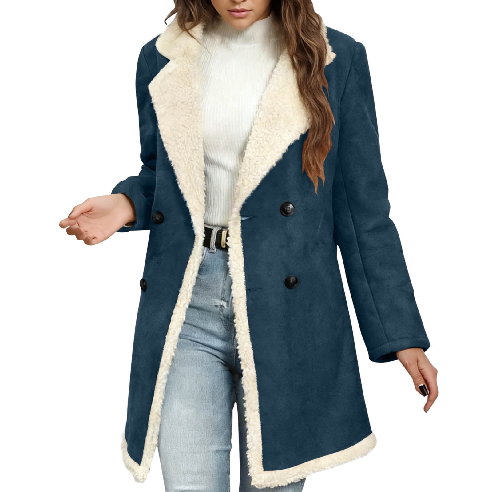 Mid Length Faux Suede Jacket Womens Thicken Sherpa Fleece Lined Pea ...