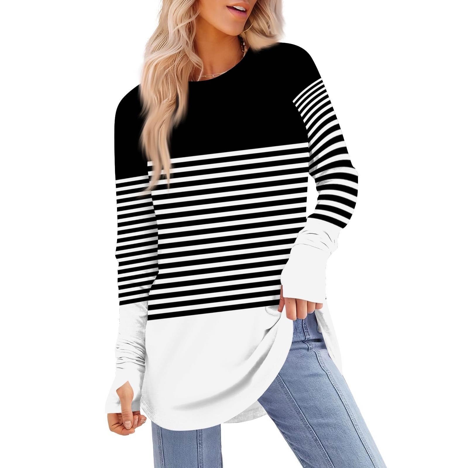 Mid Length Pullover T-Shirt for Women, Fall Round Neck Fashion Blouses ...