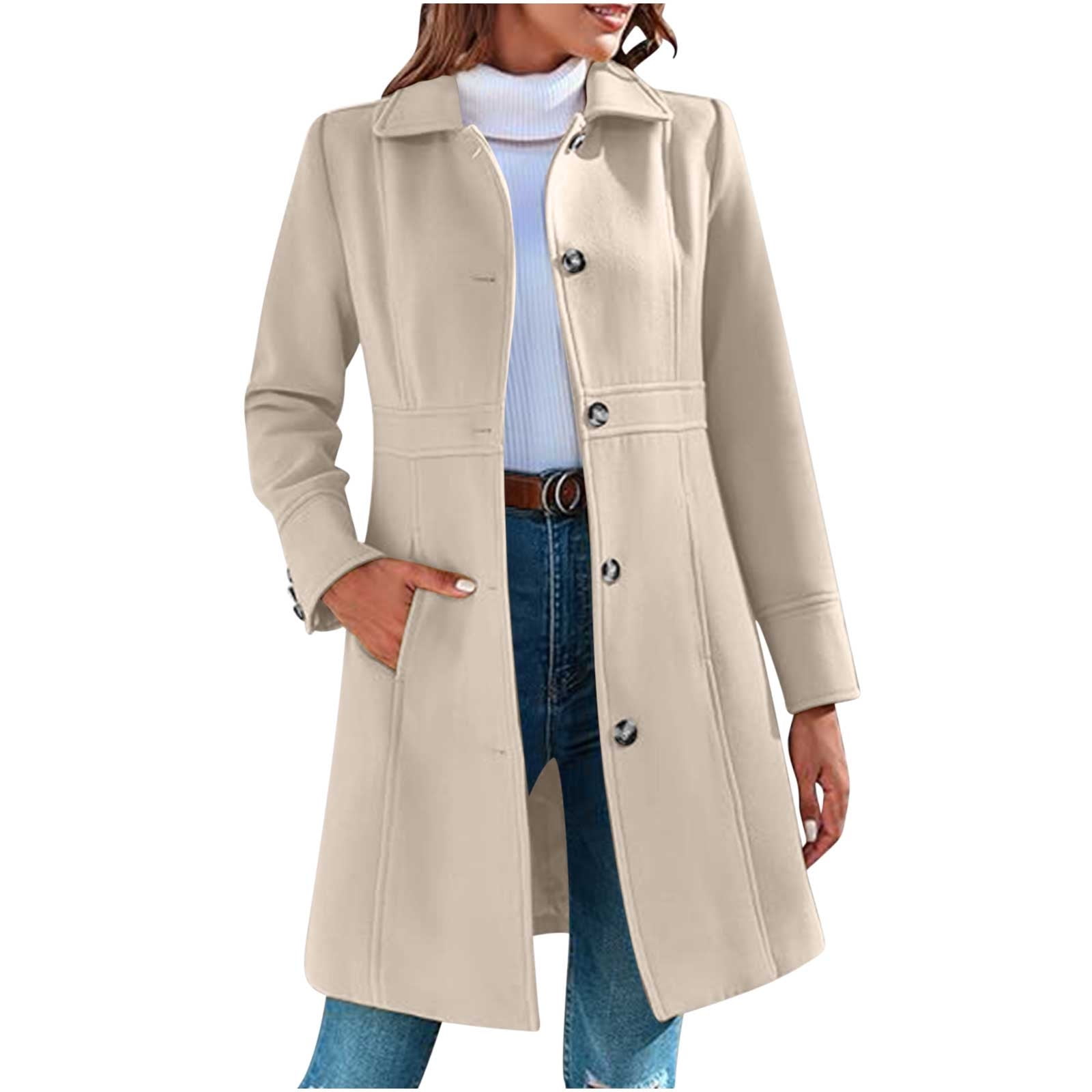 Mid-Long Pea Coats for Women Winter Lapel Single Breasted Wool Coats ...