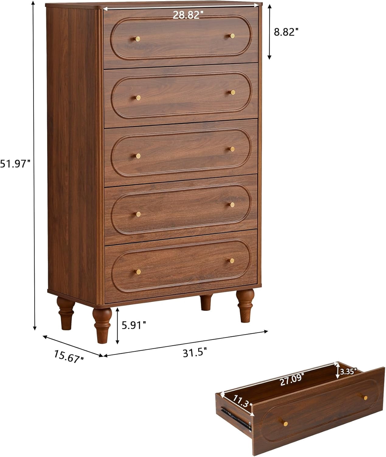 Mid Modern 5 Drawer Dresser Set of 2, Curved Corner Storage Cabinet for ...