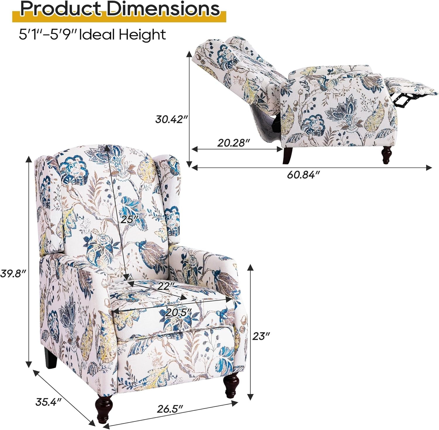 Mid Modern Manual Push Back Recliner Chair for Living Room and Bedroom (Blue Floral Pattern, 2 ...