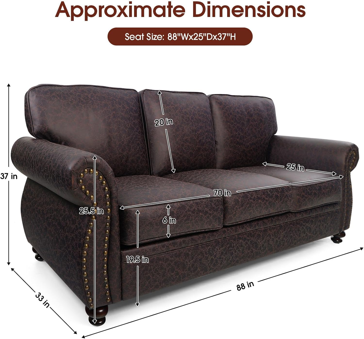 Mid- Vintage Sofa with Rivet Design, 3-Seater, Removable Cover, Solid ...