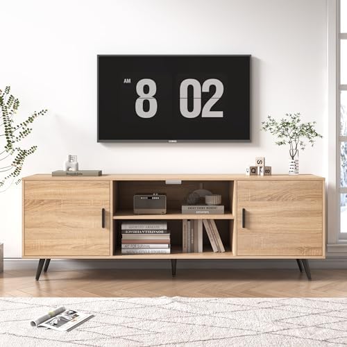 Mid Modern TV Stand - 70" for 75" TV, Wood with Storage, Entertainment ...
