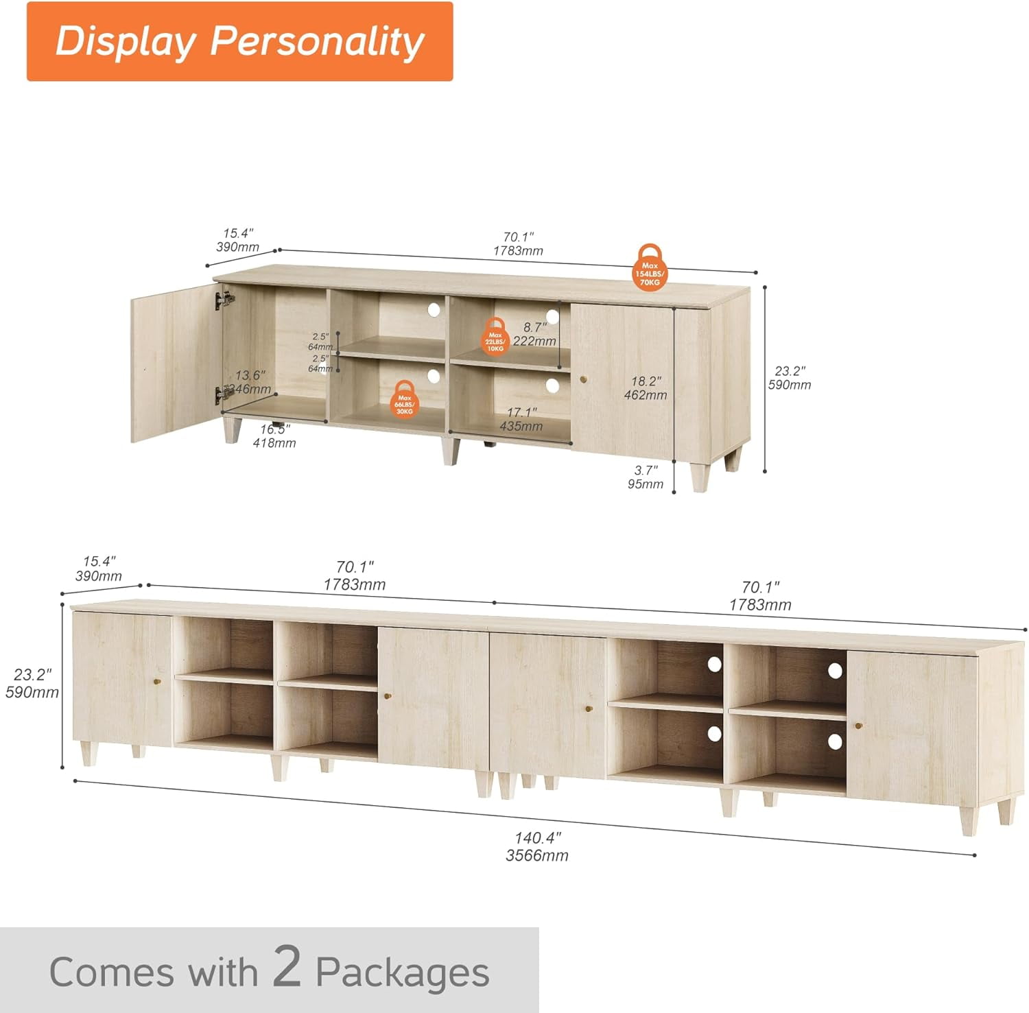 Mid- Modern TV Stand Set of 2, Light Oak Wood Entertainment Center with ...