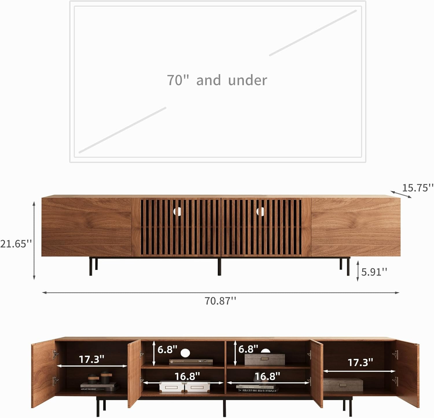 Mid Modern TV Stand for 70 Inch TVs, Walnut Console with Ample Storage ...
