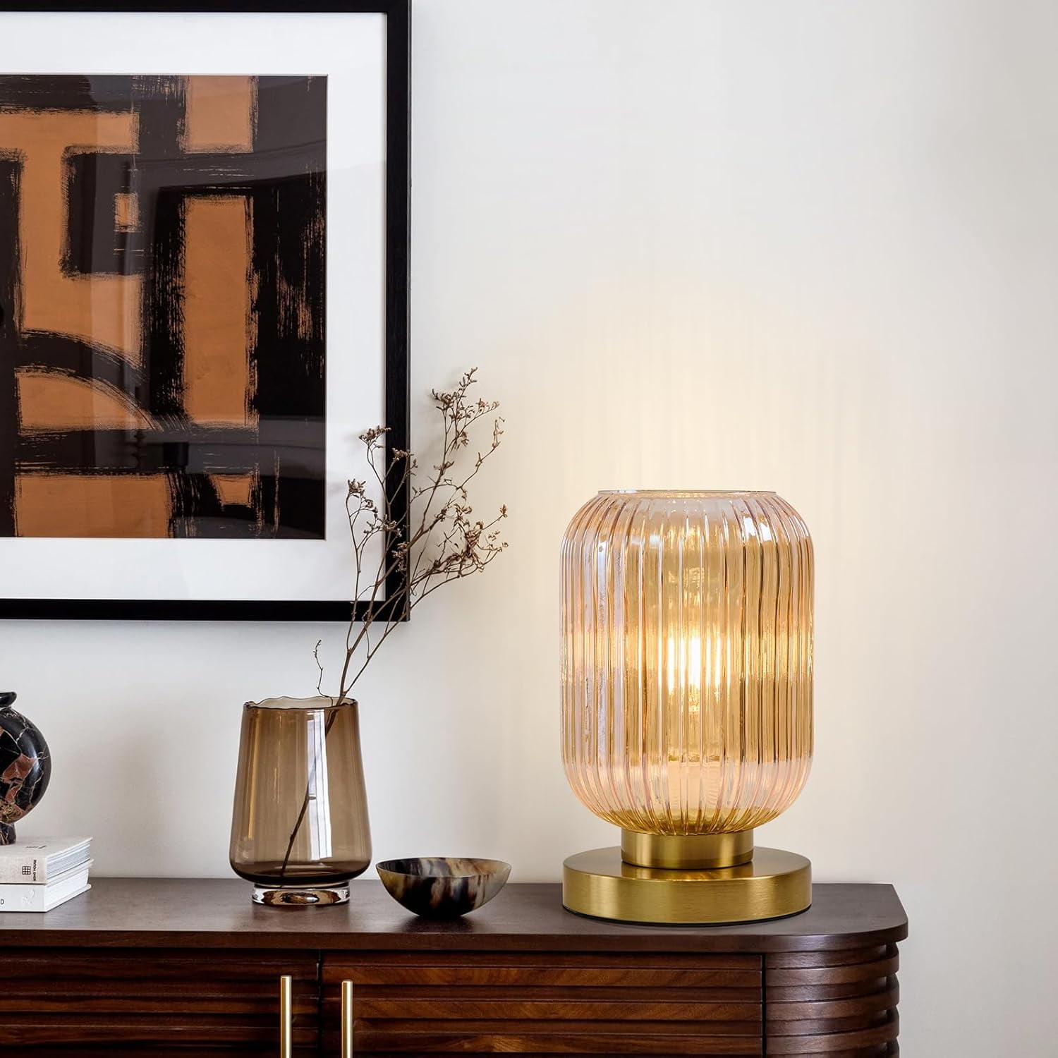 Mid Modern Table Lamp: Vintage Amber Ribbed Glass Dimmable Plug in ...