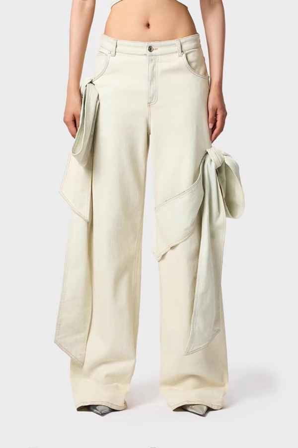 Mid Rise Knot Detailed Denim Fashion Baggy Jeans (S, Off-White ...