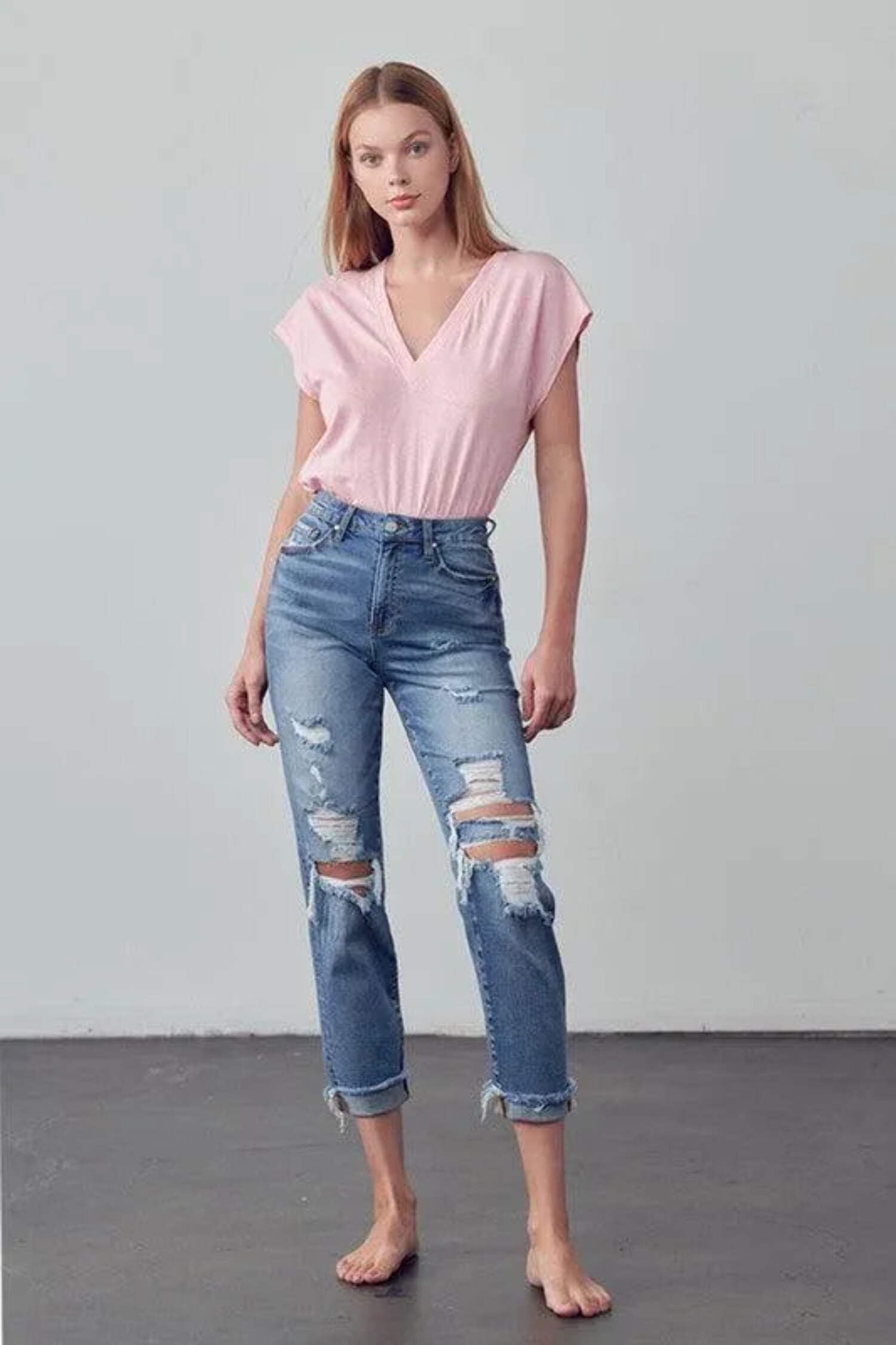 Mid Rise Stretch Raw Hem Ripped Boyfriend Jeans - Walmart.com