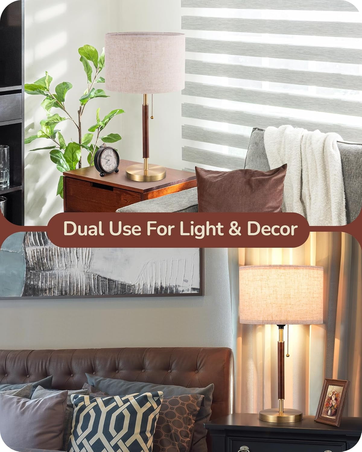 Mid Table Lamp with Pull Chain Switch, Solid Wood & Metal Design for ...