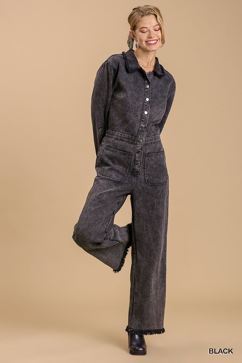 Mid button down stone wash wide leg distressed jumpsuit & side pockets ...