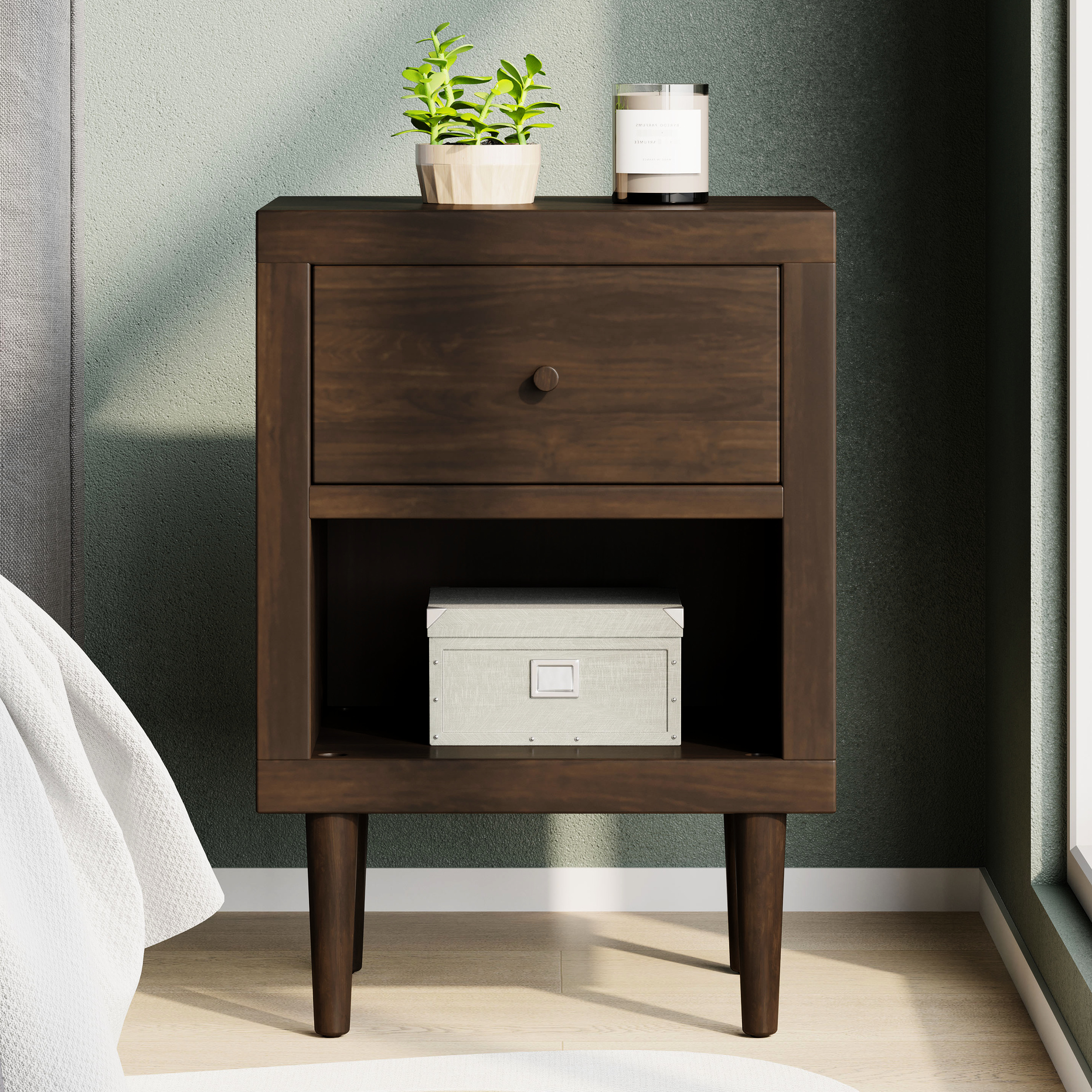 Mid-century 1 Nightstand, Faux Wood Texture, Walnut Tone Selection ...