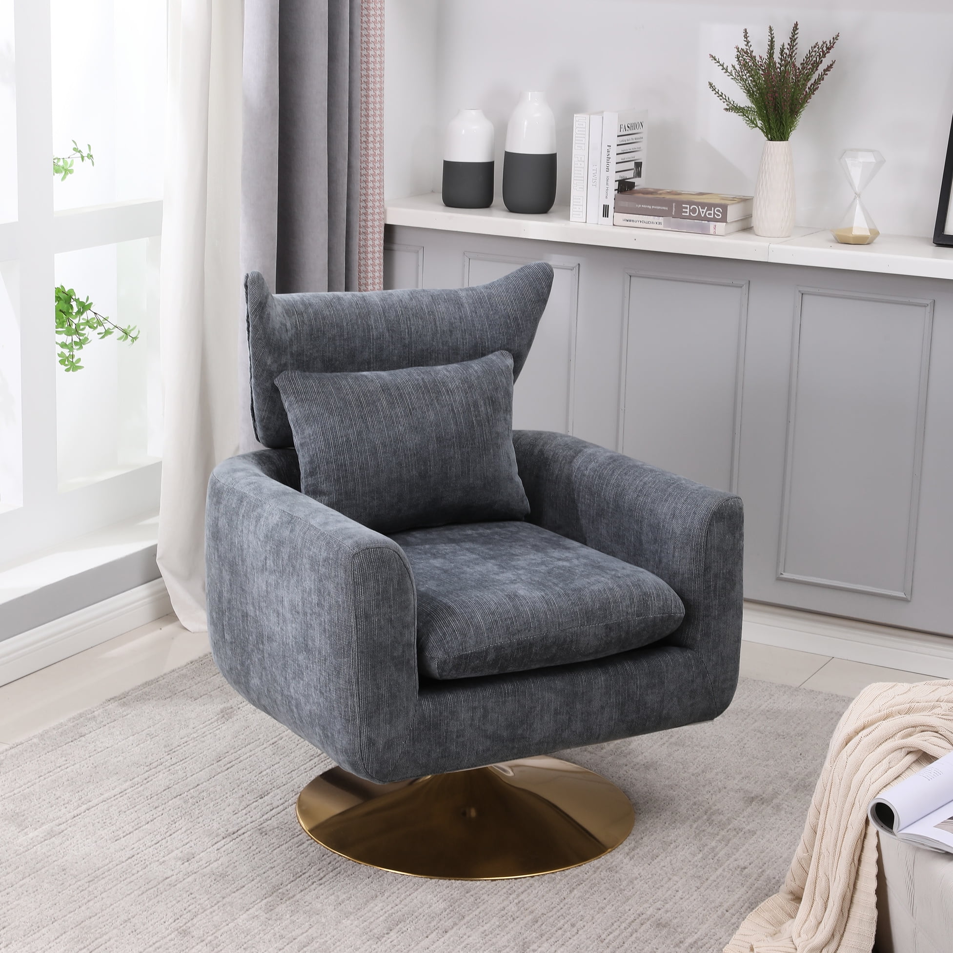 Mid-century 360-degree Swivel Chair - Blue Linen Fabric Construction ...