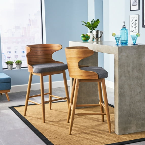 Mid-century Design Upholstered Bar Chairs | Gray Fabric Finish | Set of ...