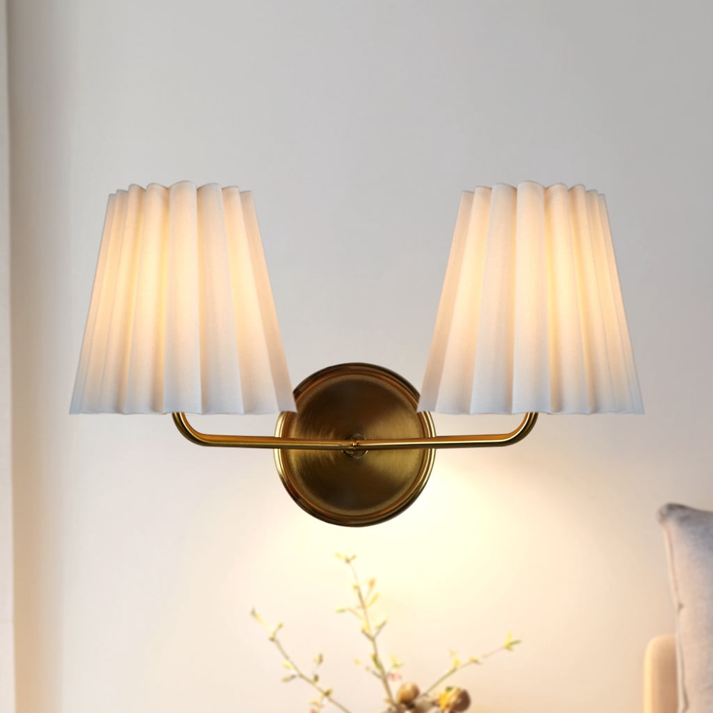 Mid-century Double Ivory Linen Shade with Antique Brass Metal Wall ...