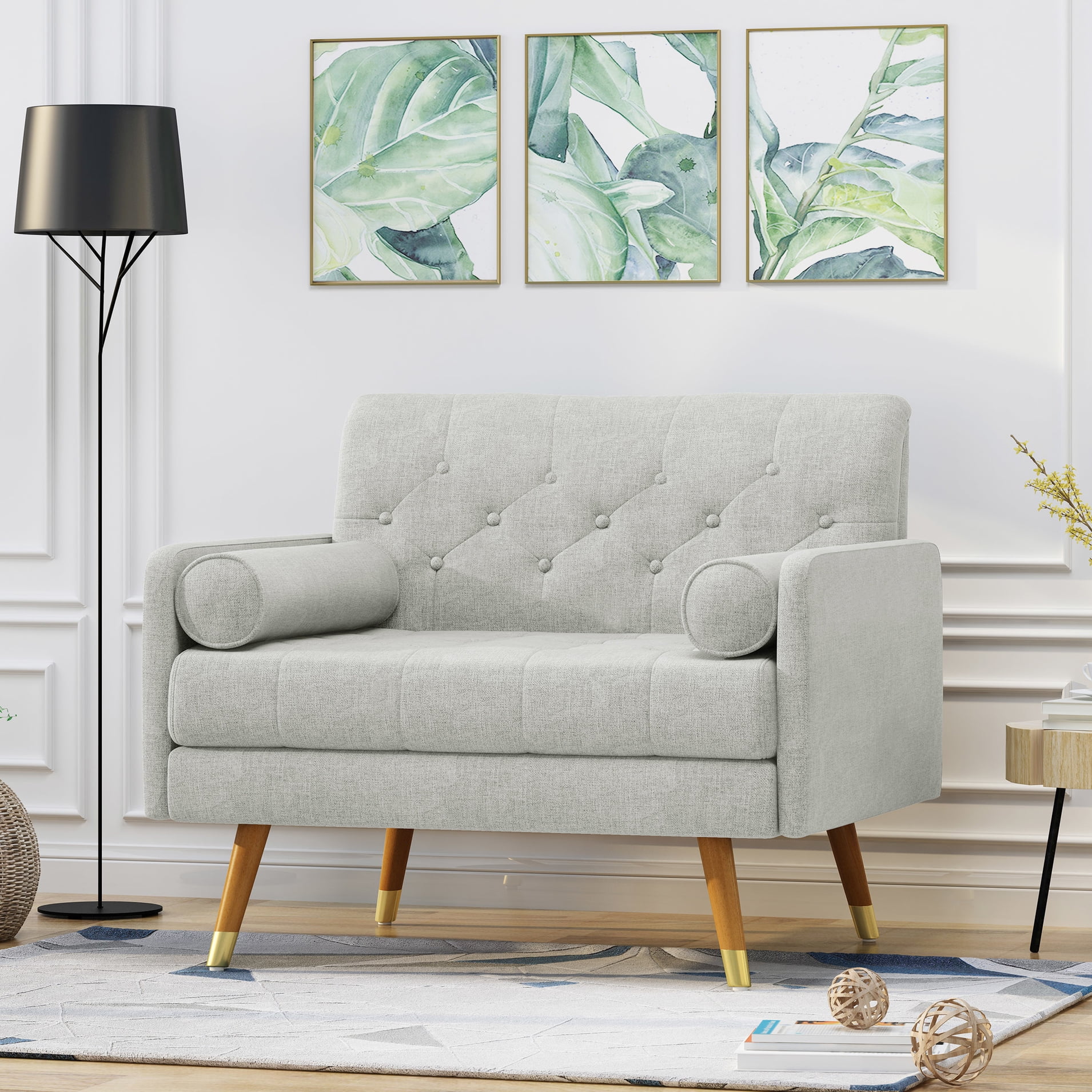 Mid-century Grey Club Chair With Button- Upholstery And Gold Tips Seat ...