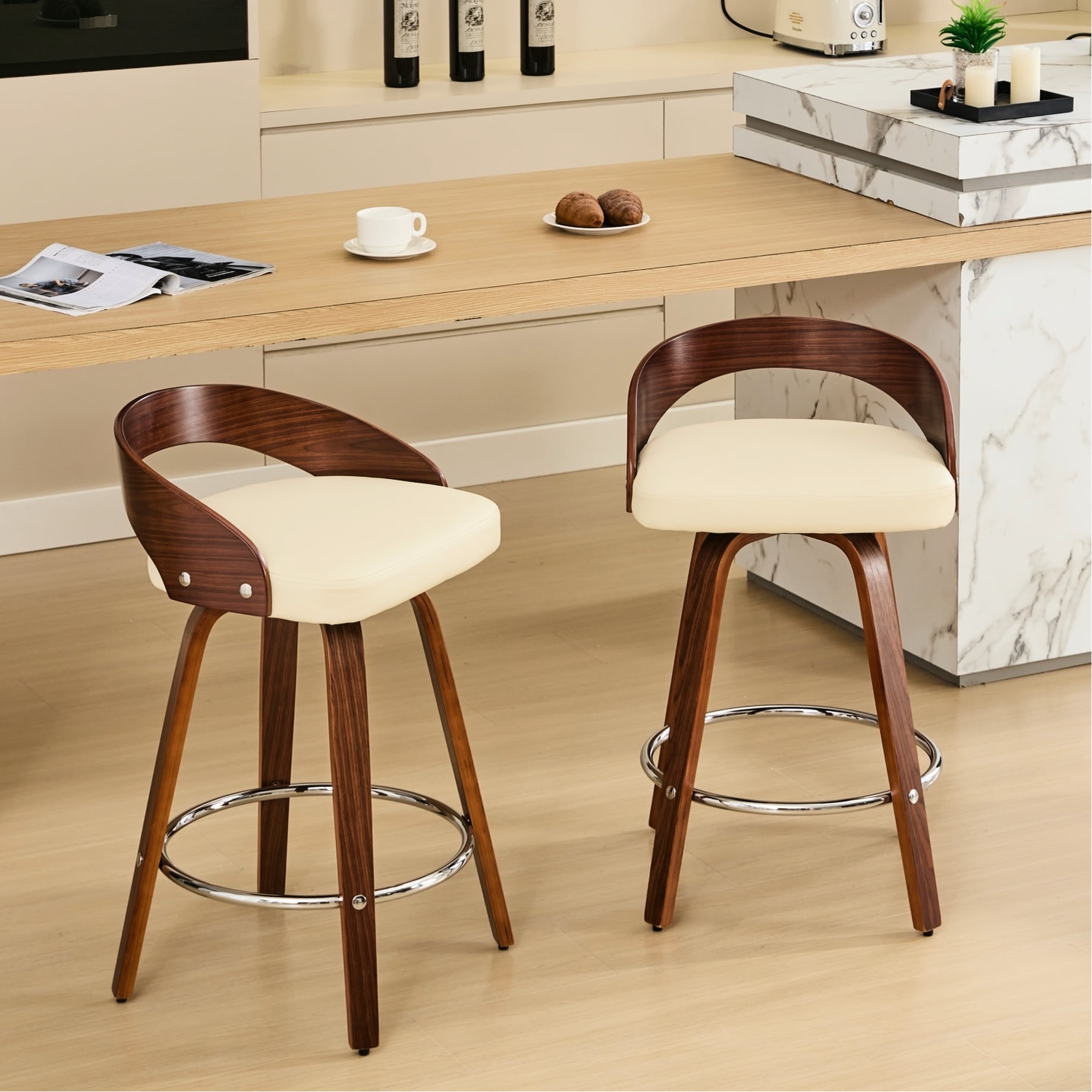 Mid-century Modern Bar Stools (2) - 25" Height, Beige Faux Leather Seat ...