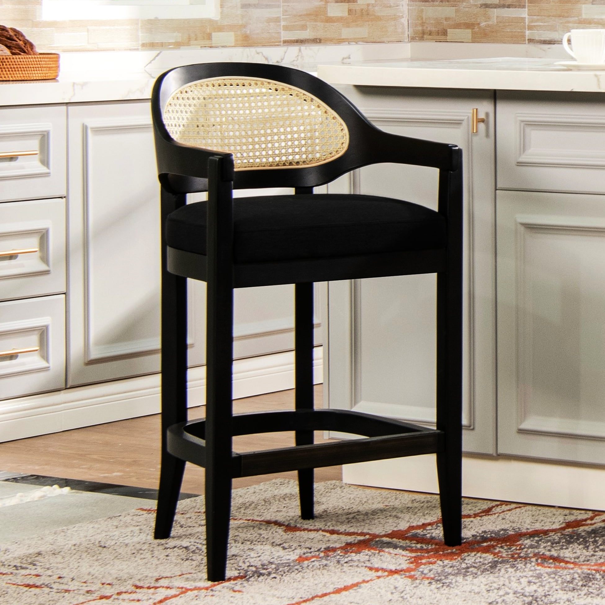 Mid-century Modern Counter Stool With Cane Back. Jet Black Woven, Solid ...