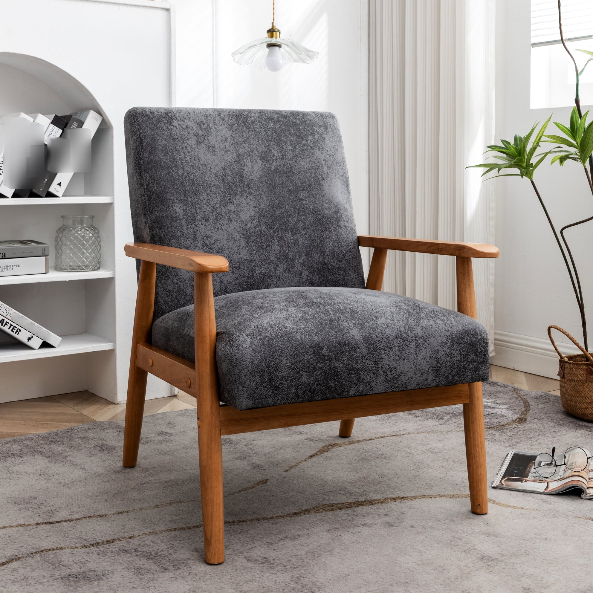 Mid-century Modern Grey Arm Chair, 24.79'' Wide - Solid Wood, Soft Foam ...