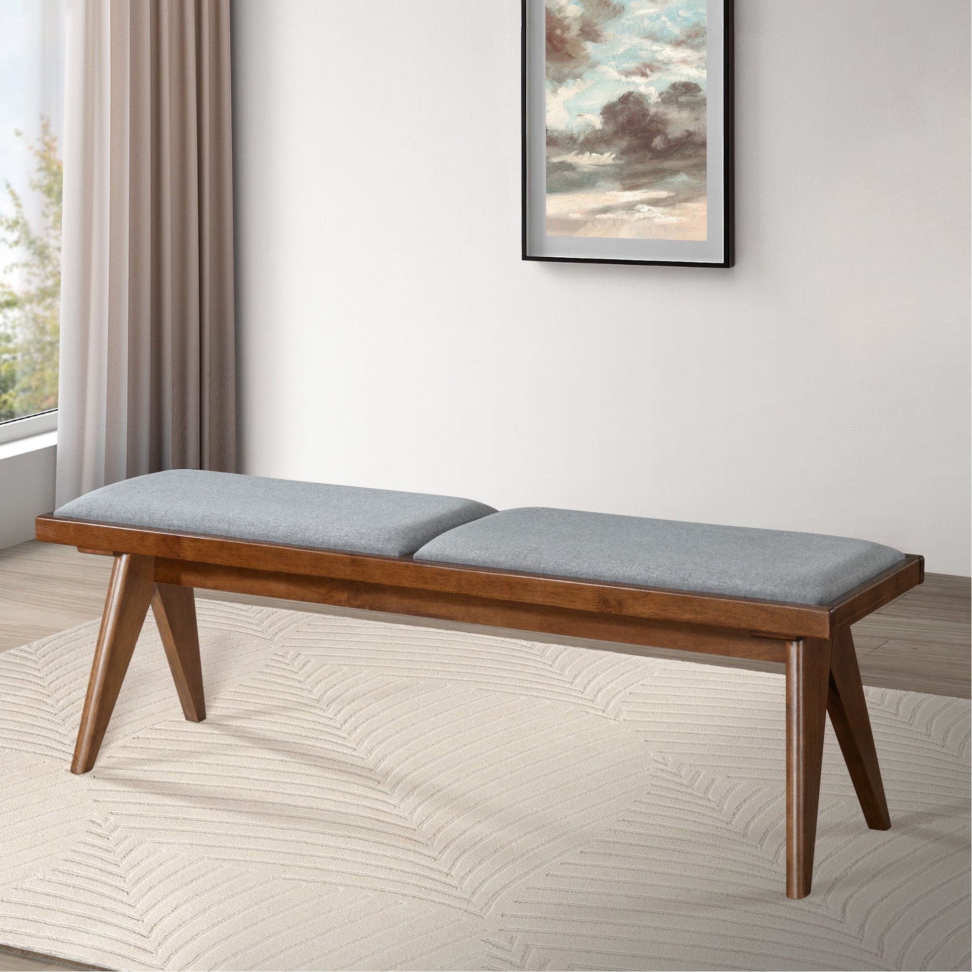 Mid-century Modern Grey Fabric Bench - Solid Wood Structure Style In ...