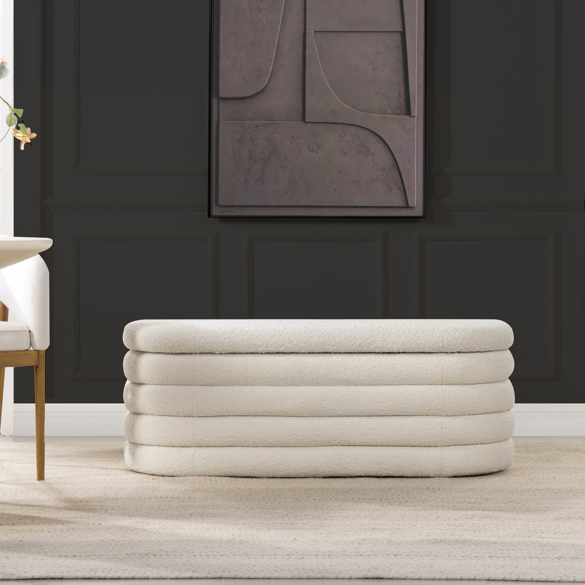 Mid-century Modern Inspired Storage Bench, 49" White Boucle, No ...