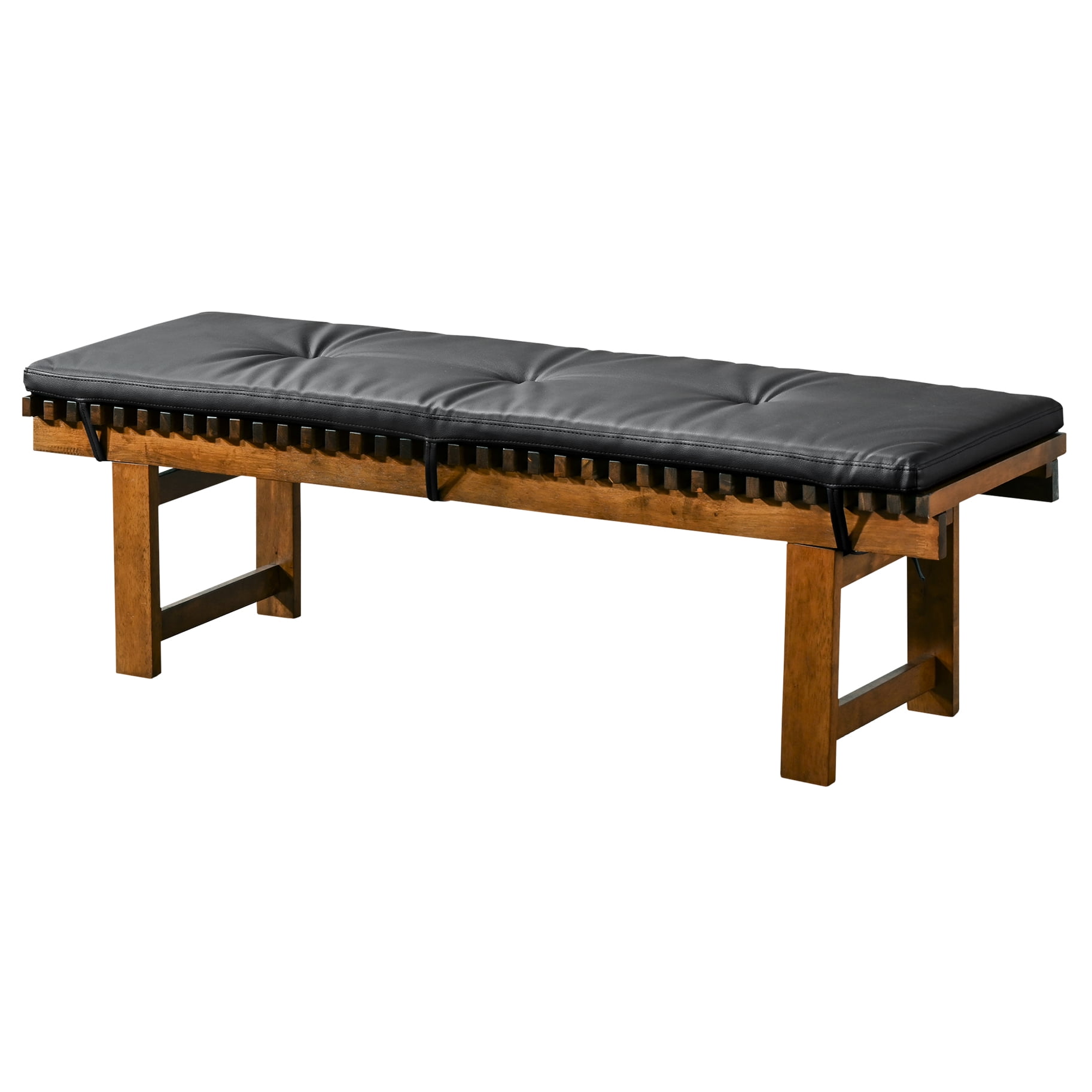 Mid-century Modern Leather Bench In Black - Foam Filled Seat And Solid ...
