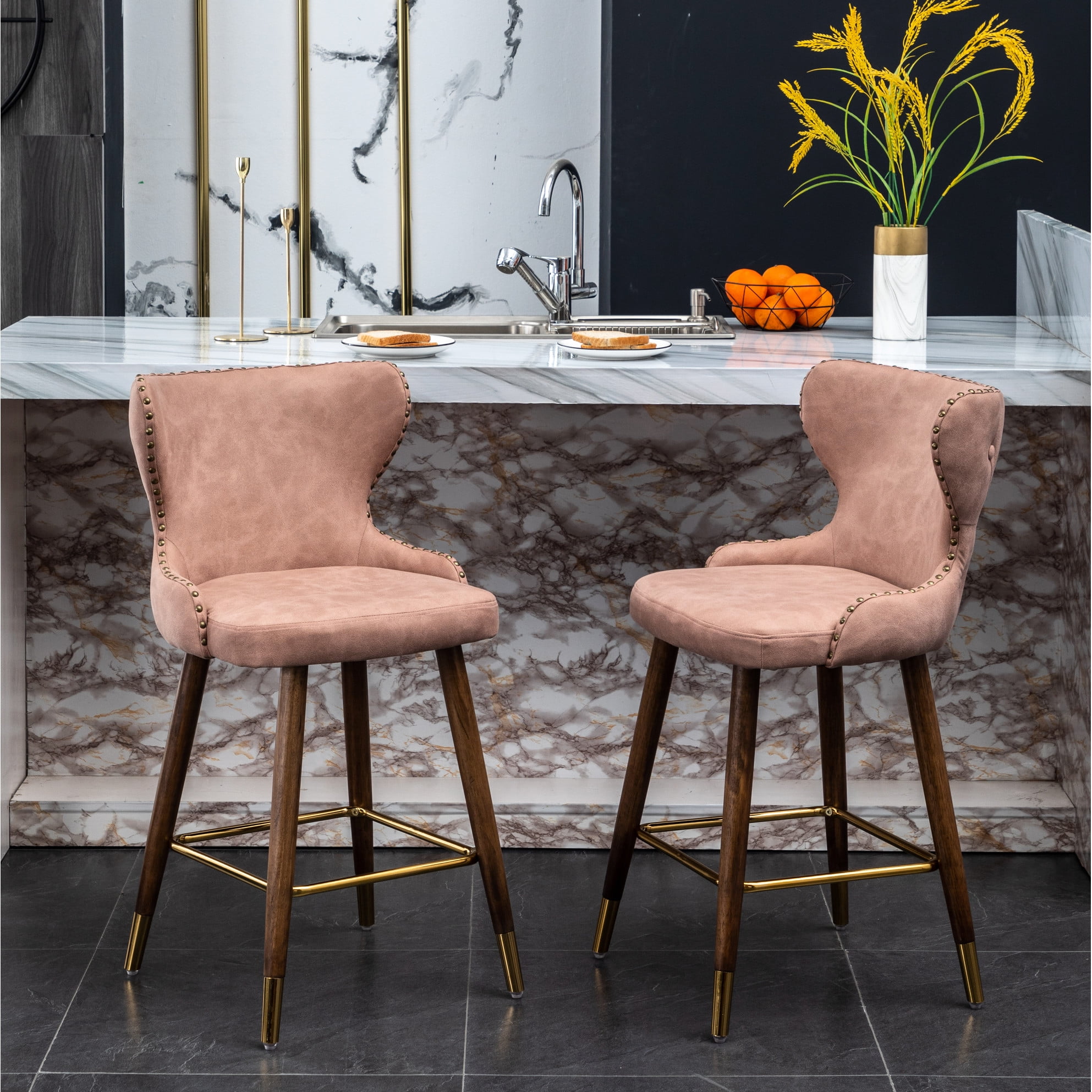Mid-century Modern Pink Counter Stool Of 2 - Faux Leather With Nailhead ...
