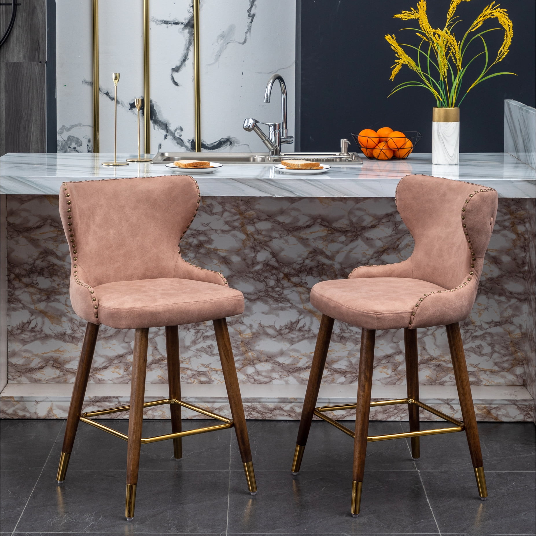Mid-century Modern Pink Counter Stools (2) - Faux Leather Tufting ...