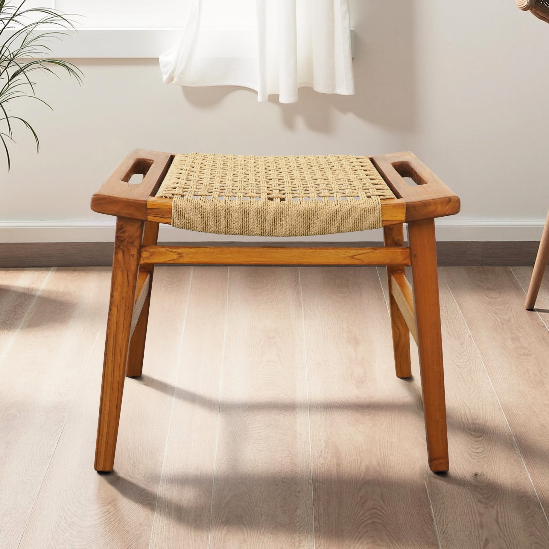 Mid-century Modern Rustic Loom Stool - Tan, Solid Wood, Resilient Paper ...