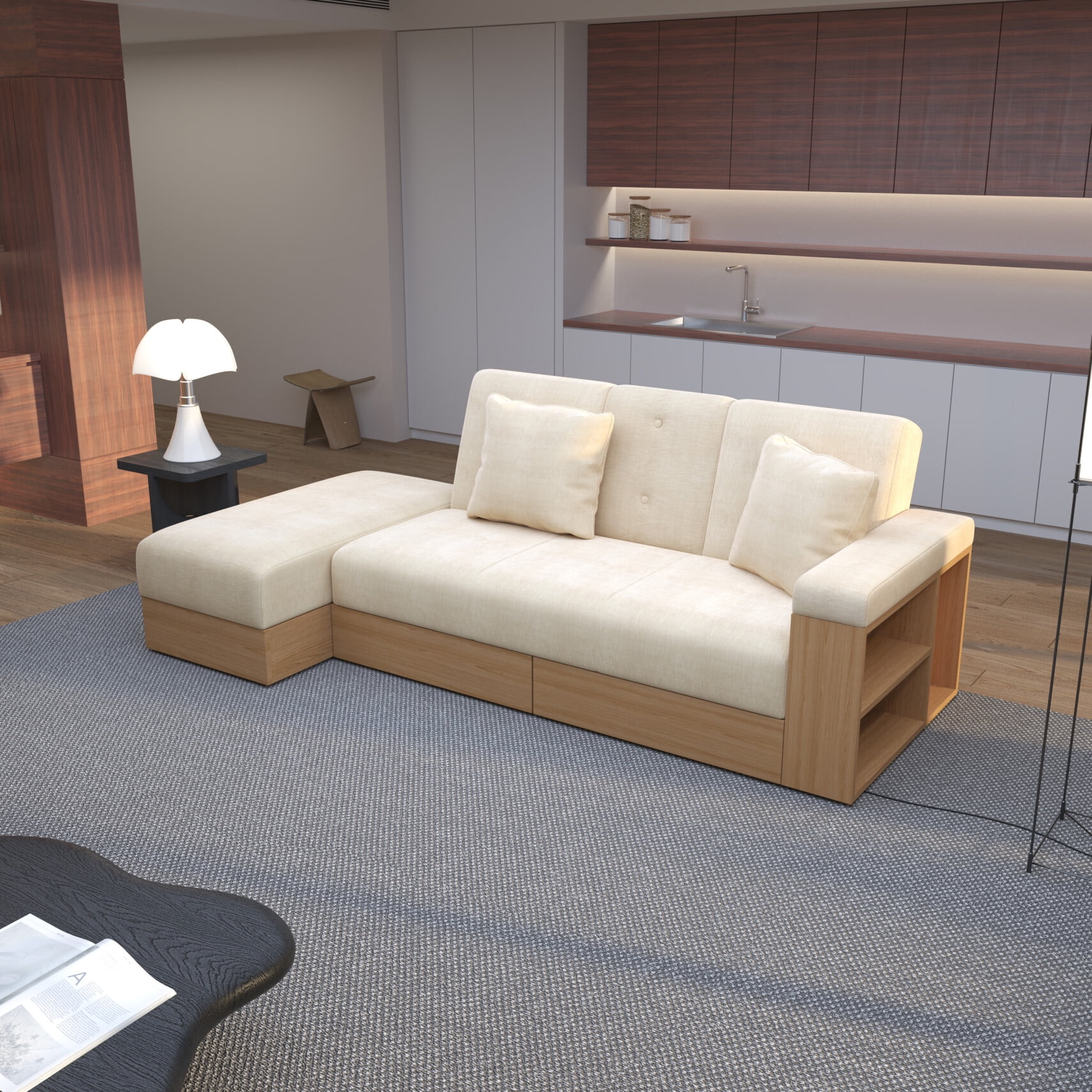 Mid-century Modern Sectional Sofa with Side Two-Tier Storage Rack ...