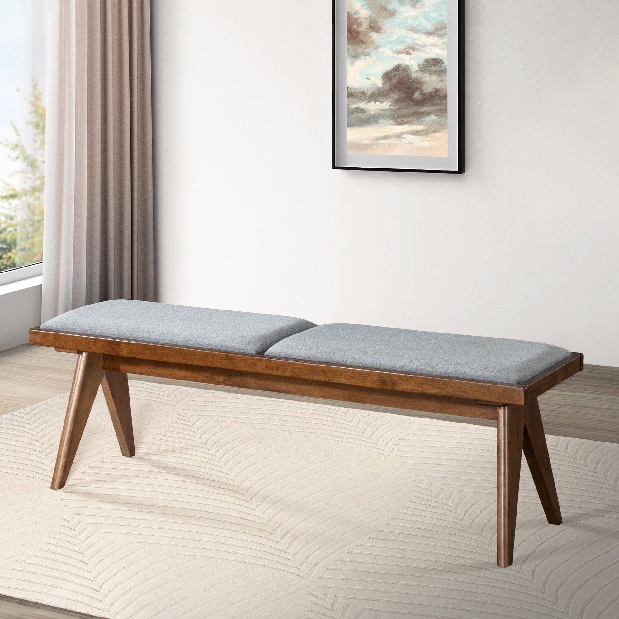 Mid-century Modern Style Bench In Grey Fabric - Solid Wood Foundation ...