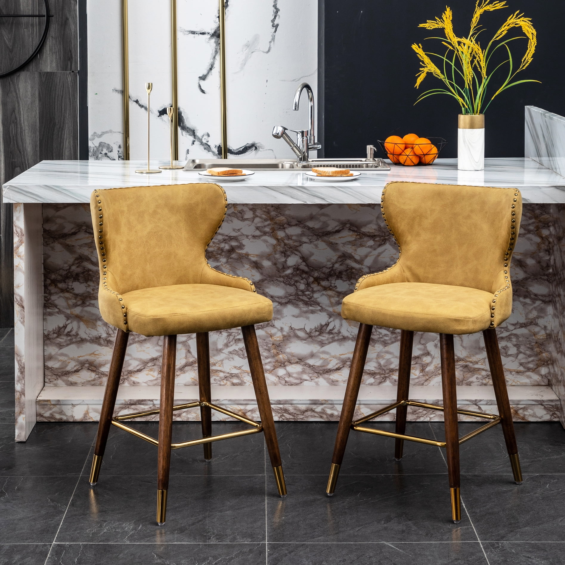 Mid-century Modern Yellow Counter Stools (2 Stools) - Back, Fabric Seat ...