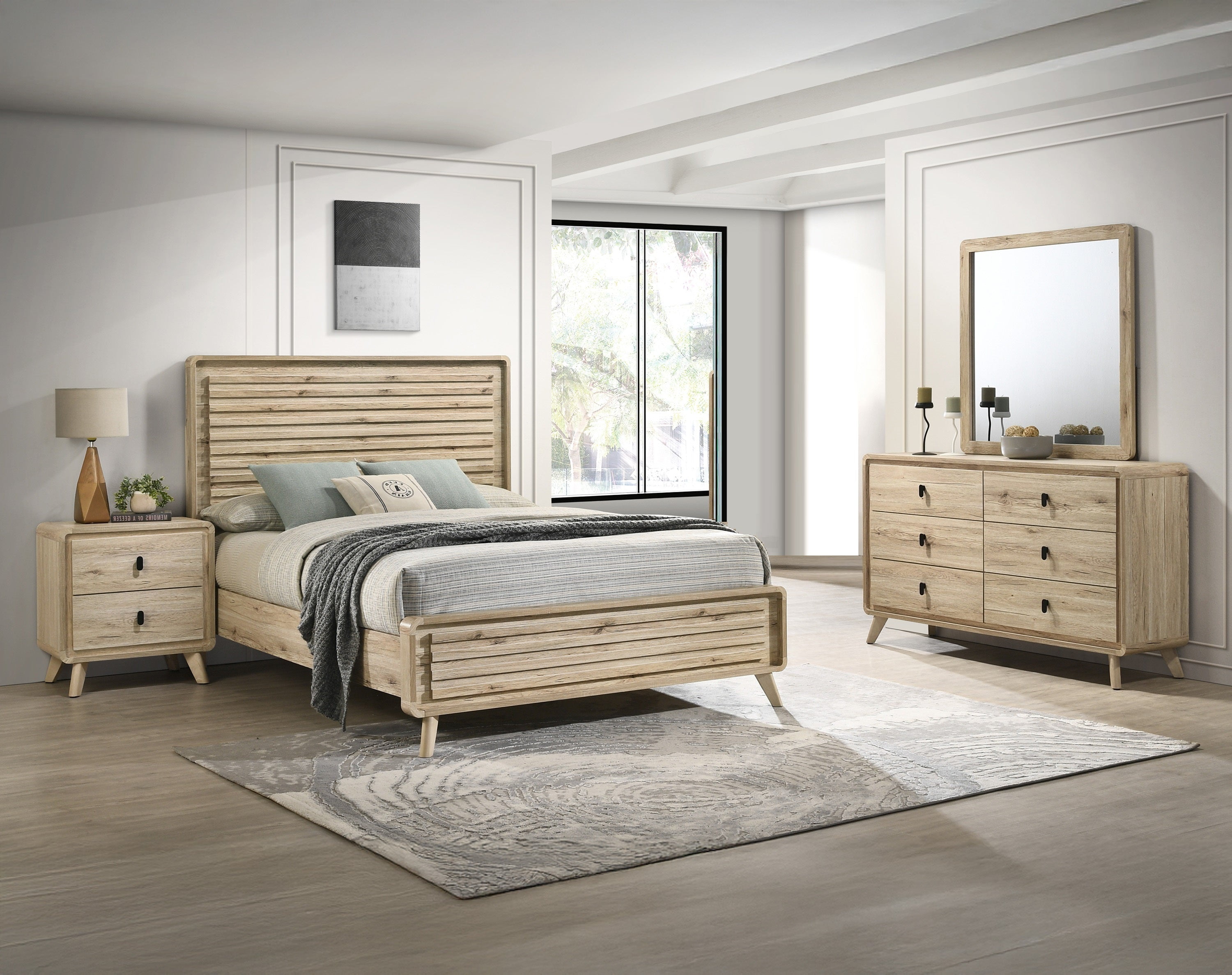 Mid-century Natural Textures 5pc King Slatted Bed Set Beige Brown ...