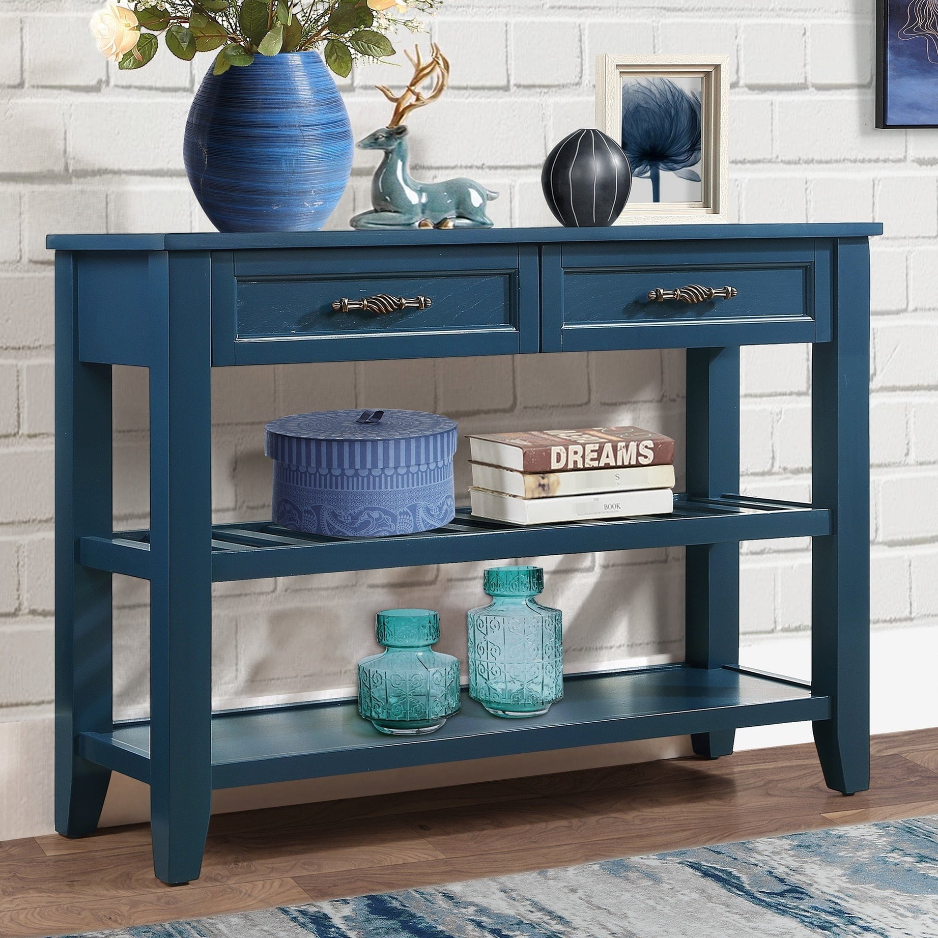 Mid-century Style Solid Wood Console Table With Ample Storage, Navy ...