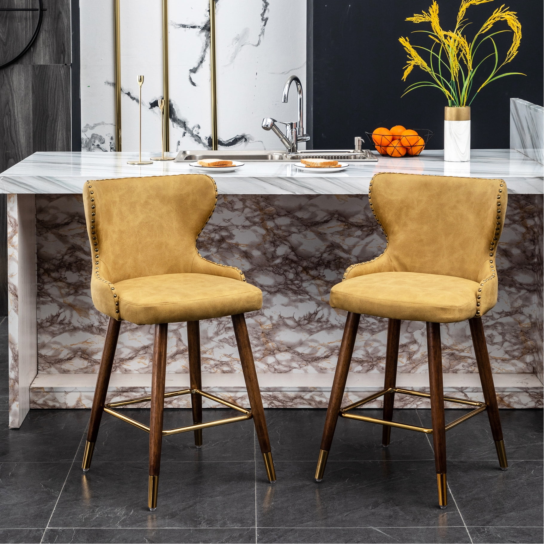 Mid-century Style Yellow Counter Stool Set, Suede-like Fabric - Walmart.com