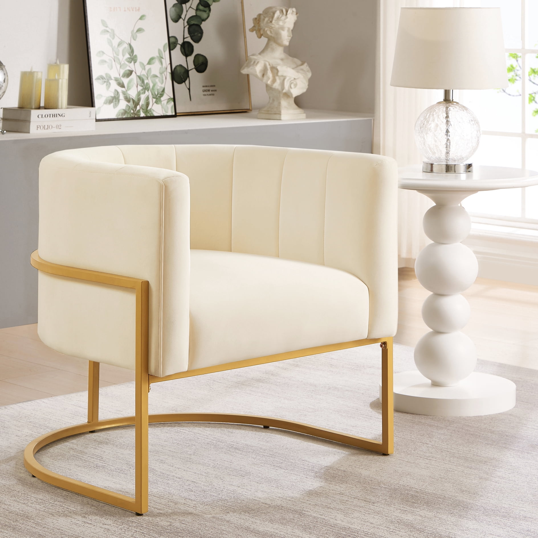 Mid-century Velvet Accent Chair With Metal Stand And Curve Back - Cream ...