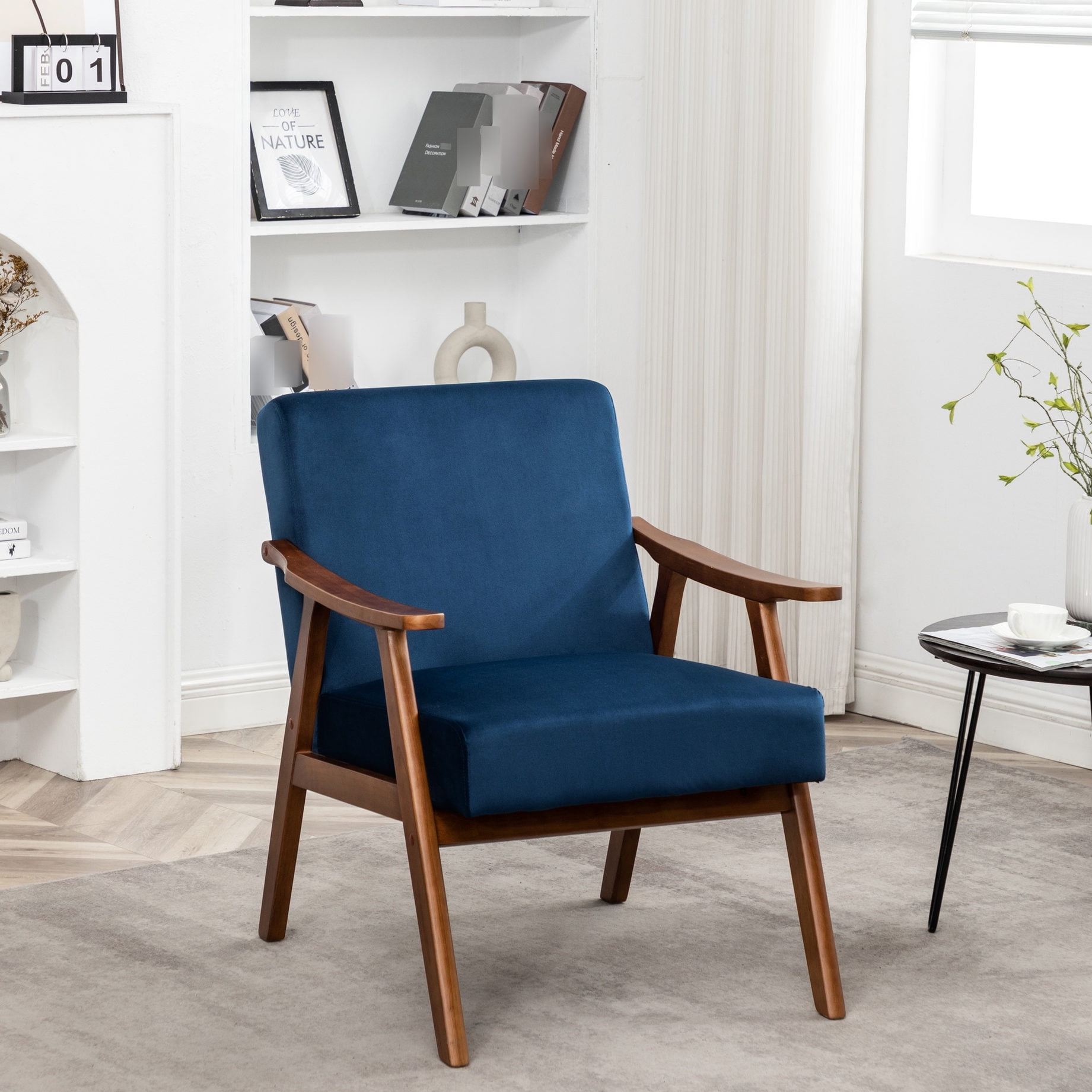 Mid century modern dark blue chair with solid wood frame for small ...