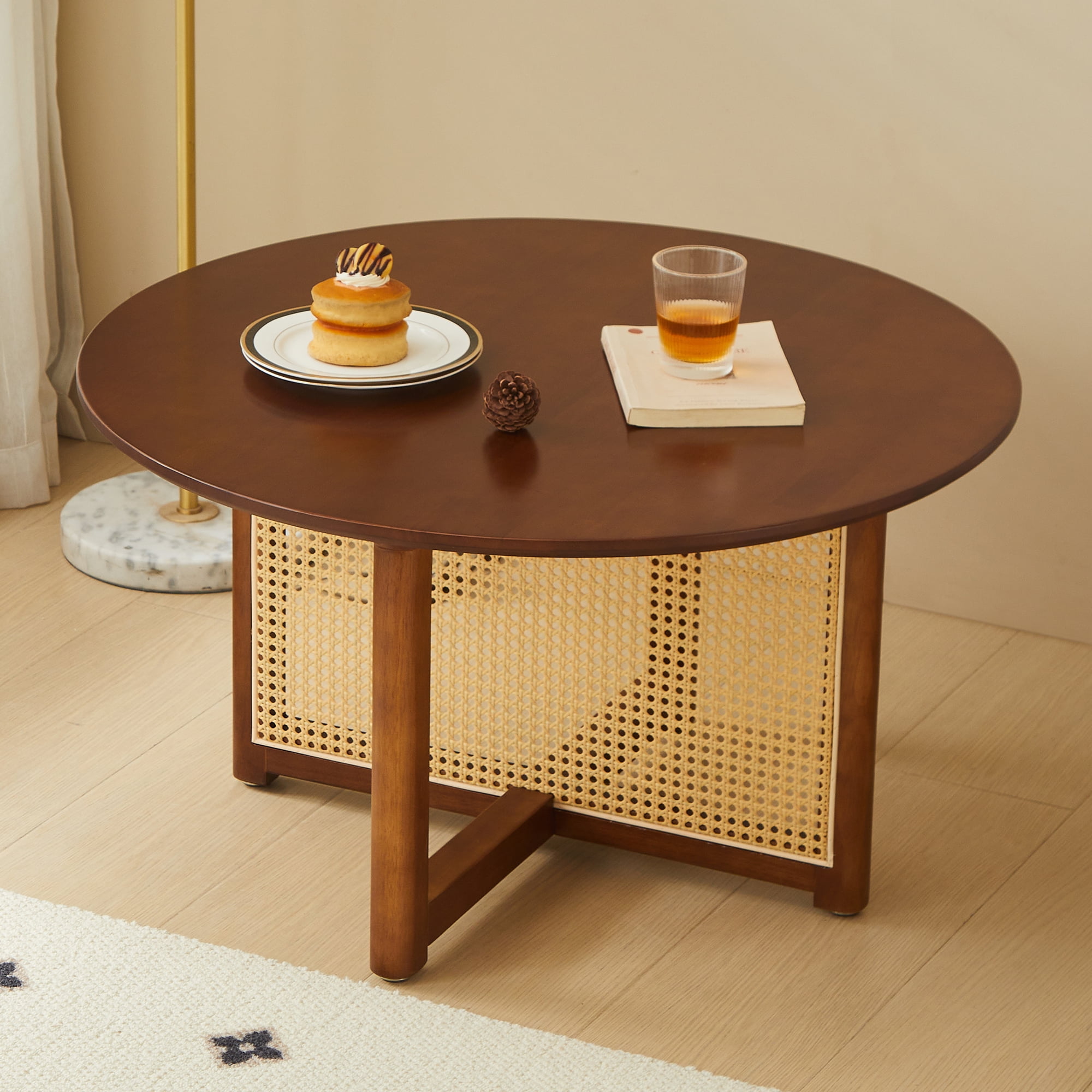 Mid-century wooden coffee table with PE cane stand, 31.5-inch round ...