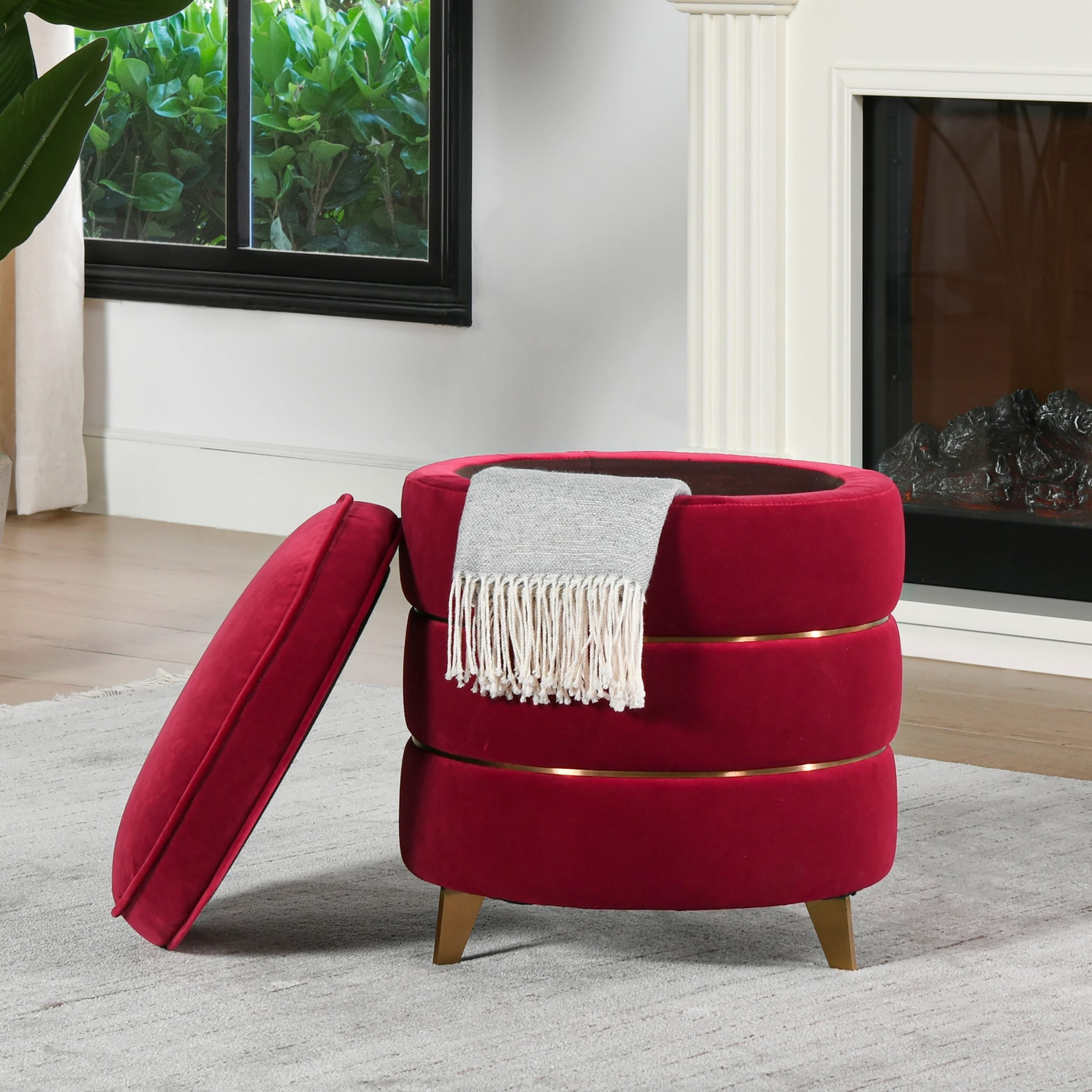 Midas Round Accent Storage Ottoman Siren Red Performance Velvet ...