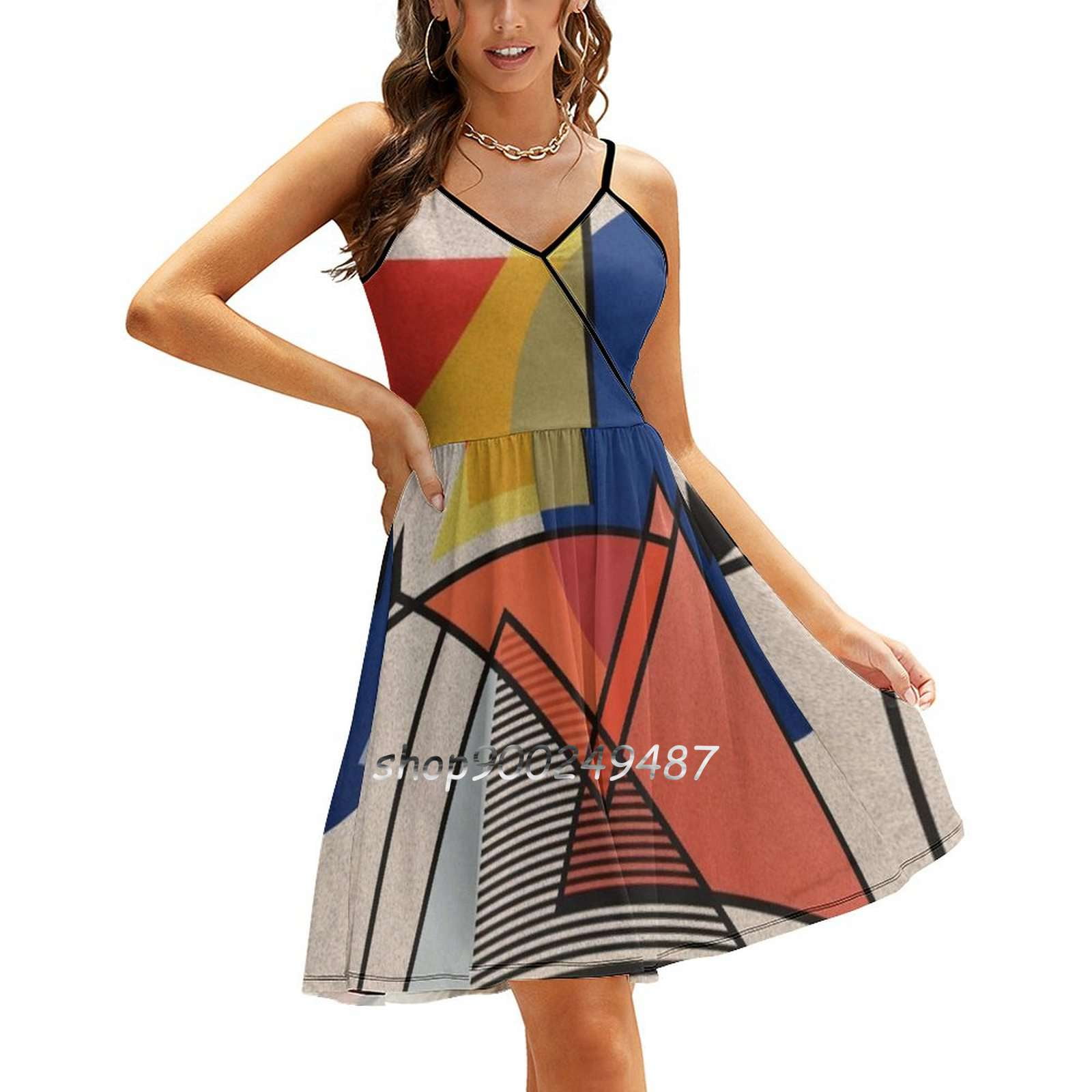 Midcentury Modern Abstraction Square Neck Dress Sweet Summer Dress Women Elegant Halter Print ...