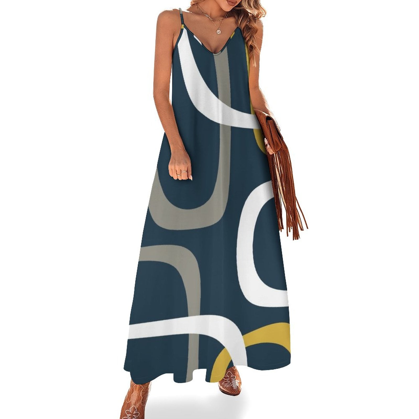 Midcentury Modern Loops Retro Pattern in Light Mustard Grey White and ...