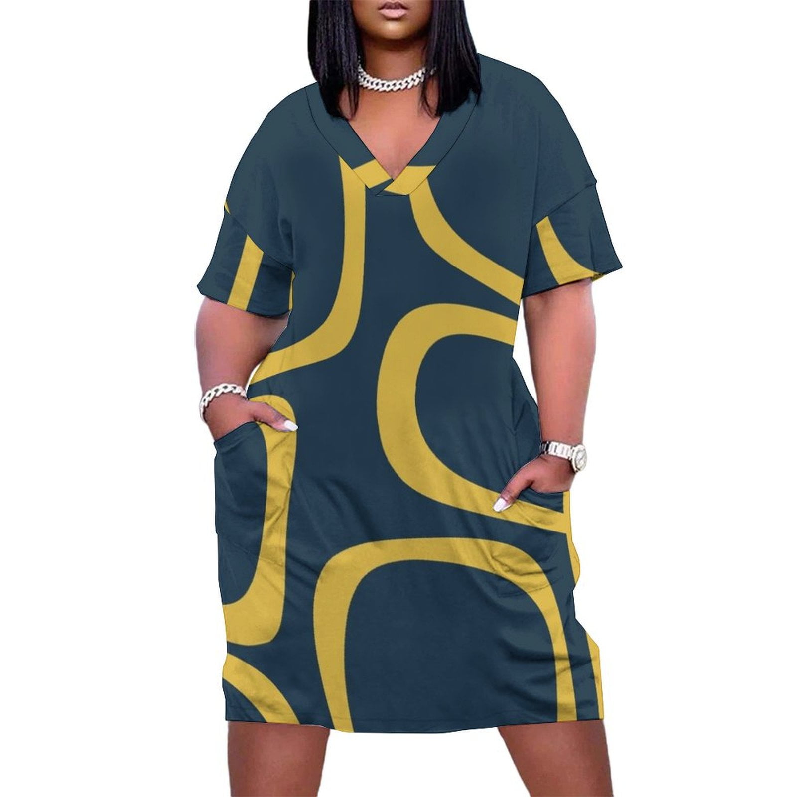 Midcentury Modern Loops Retro Pattern in Light Mustard and Navy Blue Loose Pocket Dress bandage ...