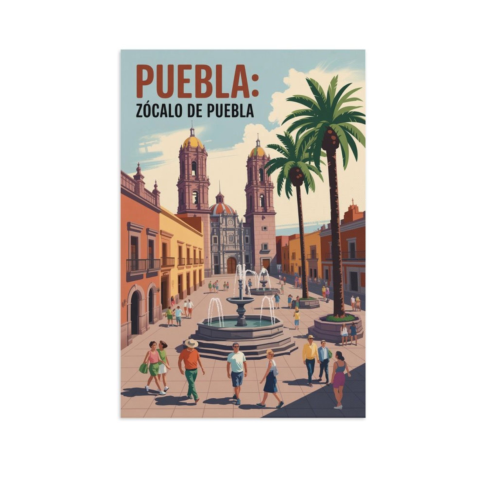 Midday Cathedral Wall Art Zocalo De Puebla Mexico Vintage Travel Poster ...