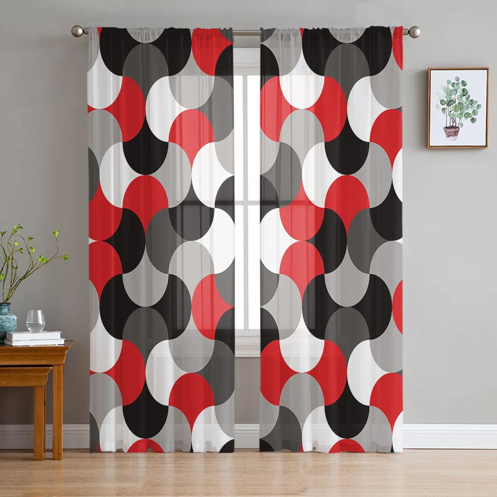Middle Ages Modern Abstract Geometry Red Tulle Curtains for Living Room ...