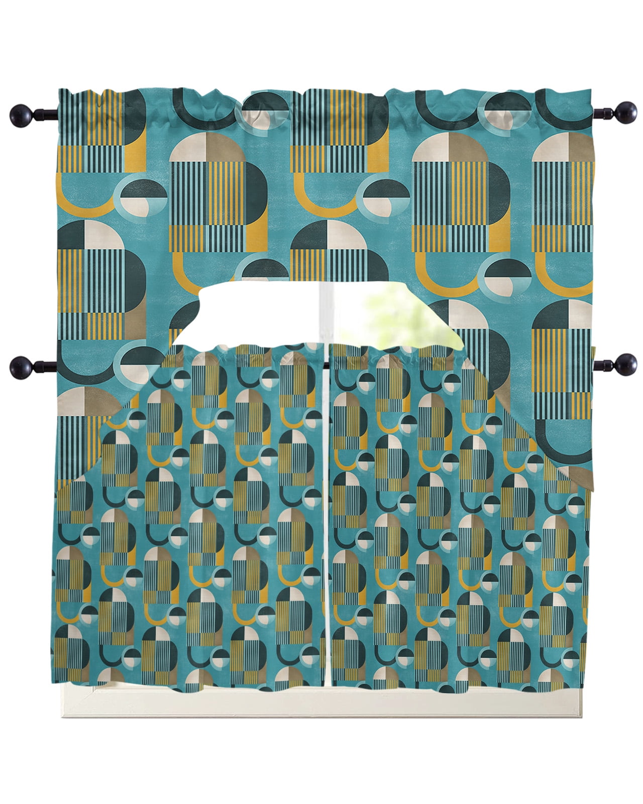 Middle Ages Swag Valance and Tier Curtains Set Abstract Geometric Green ...