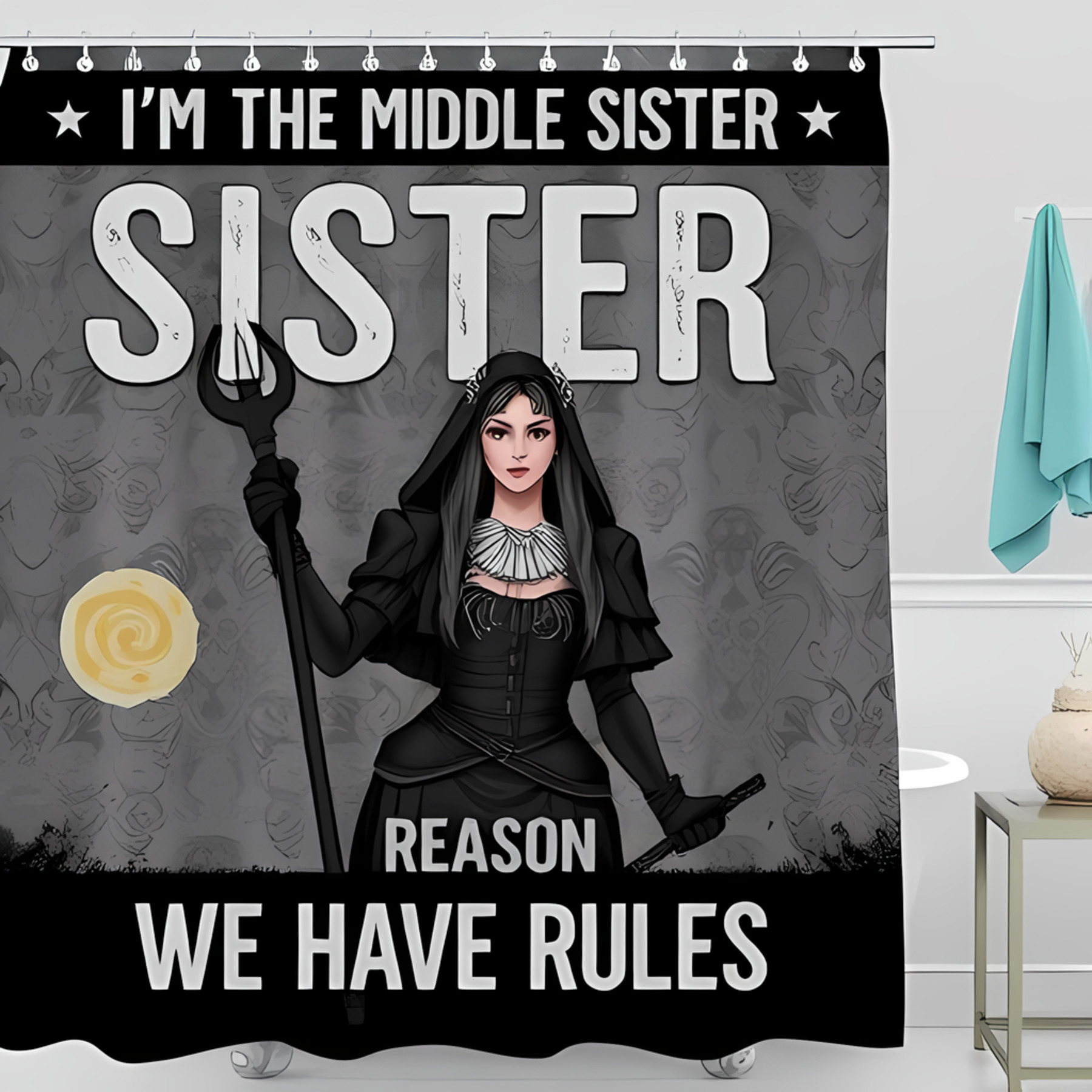 Middle Sister Shower Curtain - Playful Design with Dark Pattern ...
