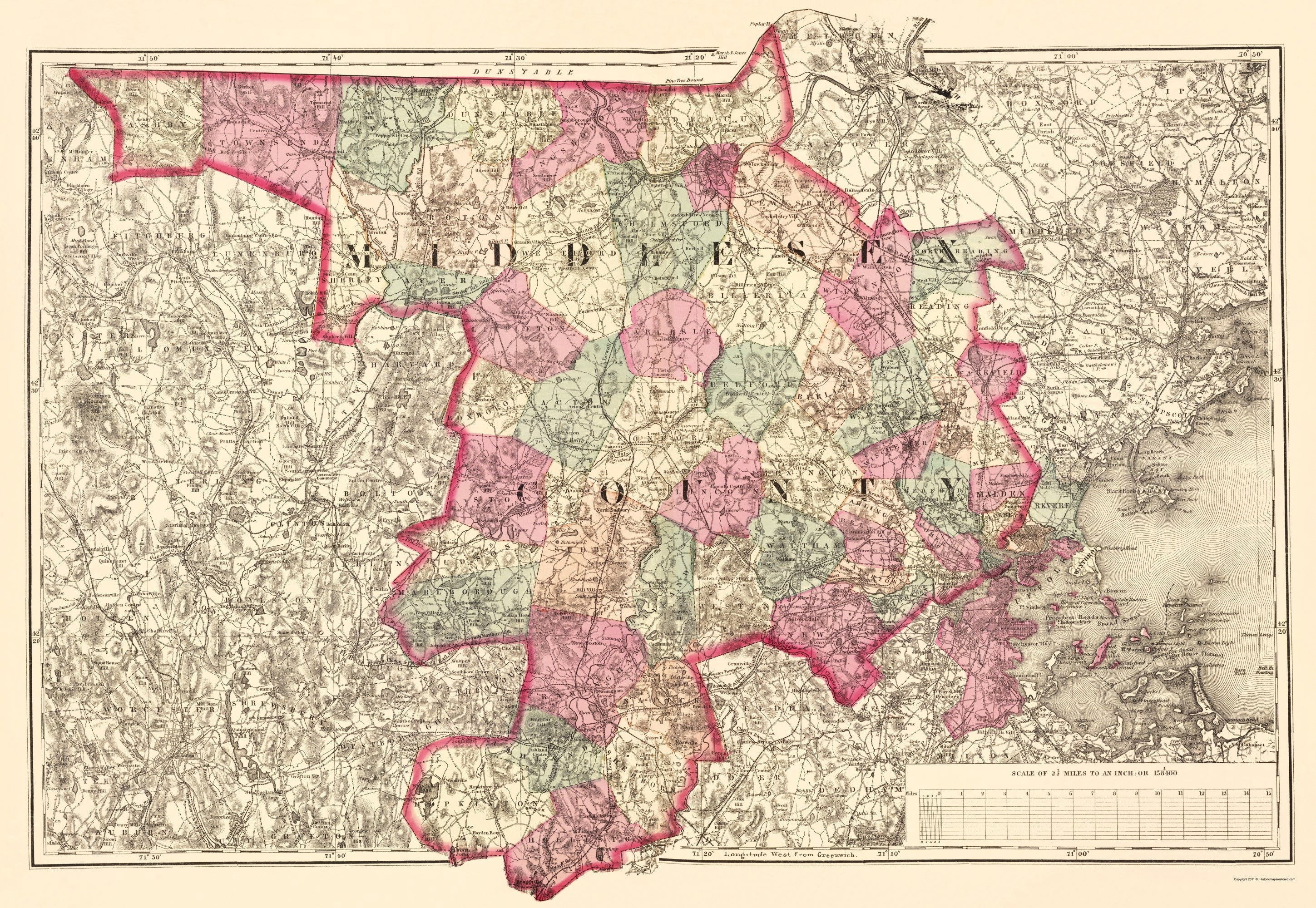 Historic County Map - Middlesex County Massachusetts - Walling 1871 ...