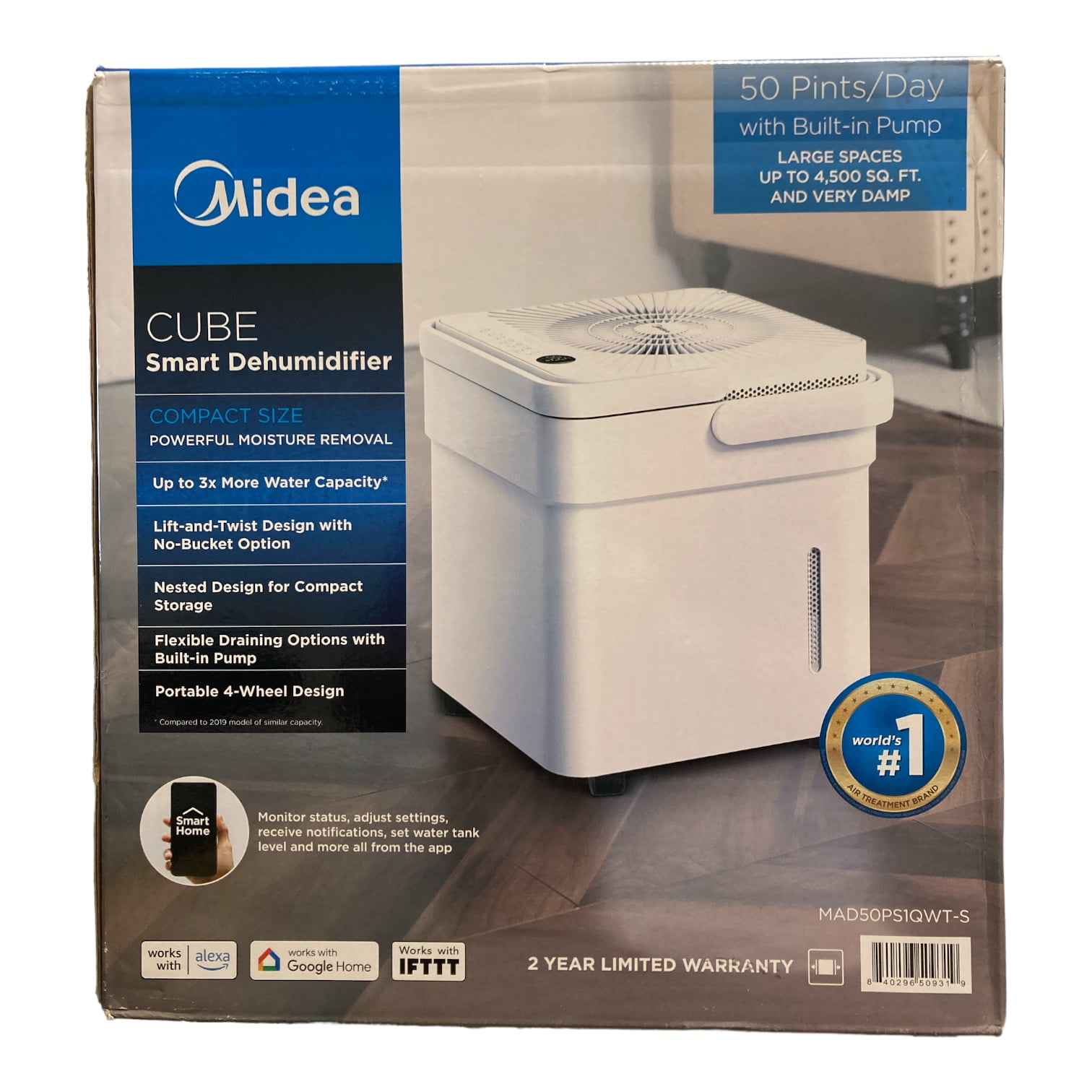 Midea Compact Cube Smart Dehumidifier with Build-In Pump, 50 Pint ...