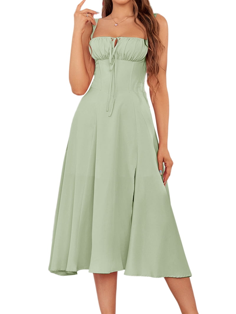 Midi Corset Dress Wedding Guest Flowy Slit Lace Up Dresses for Women ...